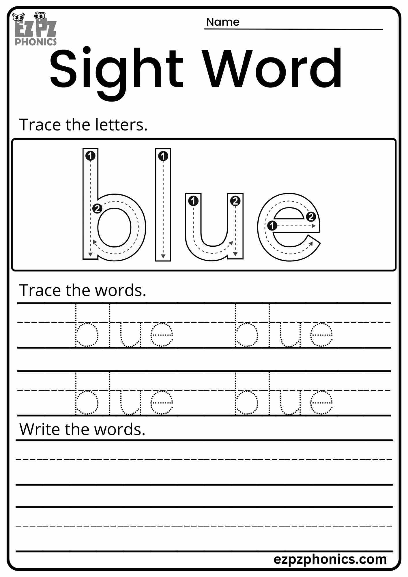 Dolch Sight Word "Blue" Activity for Early Learners Free PDF Download - ezpzphonics.com